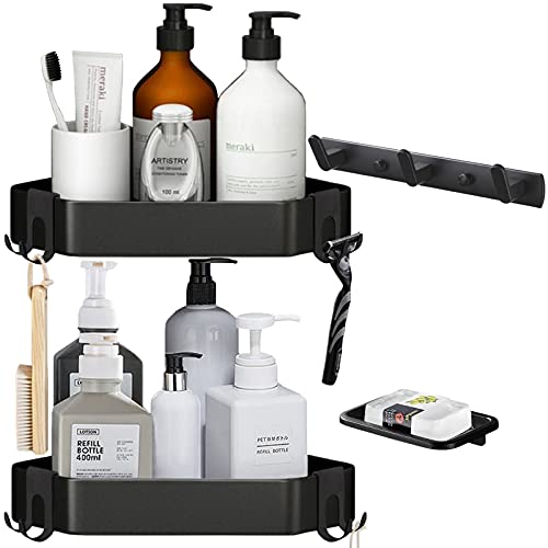 XueshouRT Corner Shower Caddy & Towel Rack & Soap Holder, Aluminum Bathroom Corner Caddy with Hooks, Adhesive Shower Organizer Shelf, Shower Rack Shampoo Holder for Shower Storage 4-Pack Black