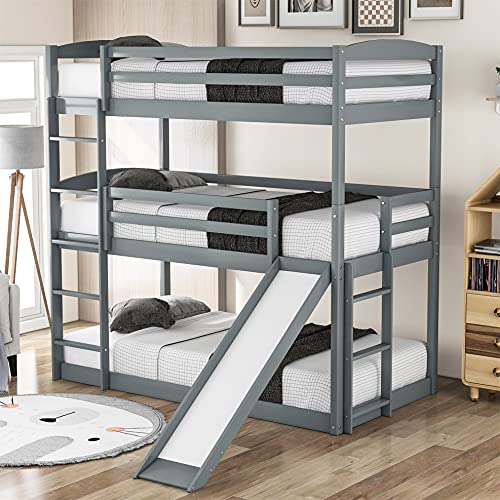 Harper & Bright Designs Triple Bunk Bed with Slide, Twin-Over-Twin-Over-Twin Triple Bed Frame with Built-in Ladder and Guardrails for Kids (Gray)