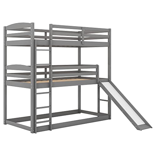 Harper & Bright Designs Triple Bunk Bed with Slide, Twin-Over-Twin-Over-Twin Triple Bed Frame with Built-in Ladder and Guardrails for Kids (Gray)