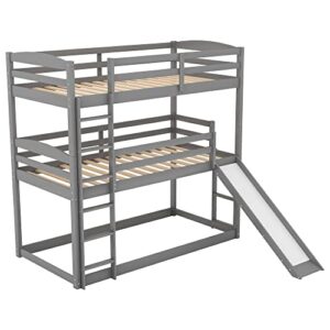 Harper & Bright Designs Triple Bunk Bed with Slide, Twin-Over-Twin-Over-Twin Triple Bed Frame with Built-in Ladder and Guardrails for Kids (Gray)