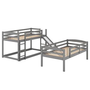 Harper & Bright Designs Triple Bunk Bed with Slide, Twin-Over-Twin-Over-Twin Triple Bed Frame with Built-in Ladder and Guardrails for Kids (Gray)