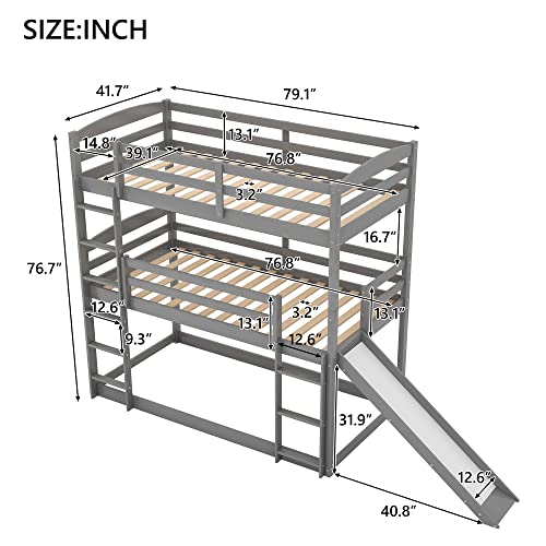 Harper & Bright Designs Triple Bunk Bed with Slide, Twin-Over-Twin-Over-Twin Triple Bed Frame with Built-in Ladder and Guardrails for Kids (Gray)