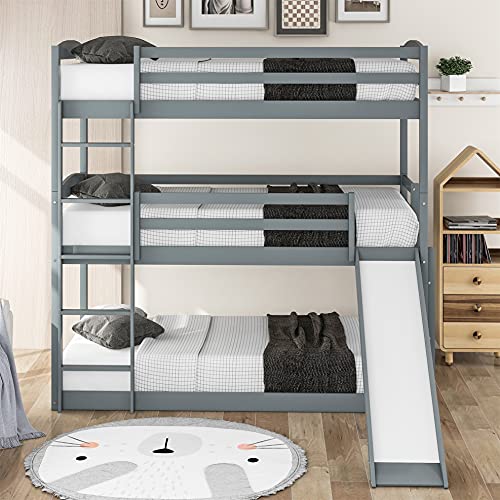 Harper & Bright Designs Triple Bunk Bed with Slide, Twin-Over-Twin-Over-Twin Triple Bed Frame with Built-in Ladder and Guardrails for Kids (Gray)