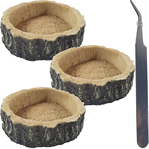 RONYOUNG 3PCS Reptile Food Bowls with with Tongs Small Reptile Water and Food Bowls Rock Corner Feeder Pet Bowl Reptile Resin Feeding Bowl for Spiders Tortoise Snakes Small Pet, Yellow and Grey