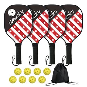 wavsky pickleball paddles - pickleball set of 4 paddles, 8 pickleball balls and 1 carry bag, wood pickleball paddles pickleball racket ergonomic grip for beginners, pickleball equipment