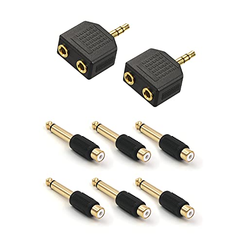 VCE 2-Pack 3.5mm Headphone Y Splitter Bundle with 6-Pack RCA to 1/4" Audio Adapter