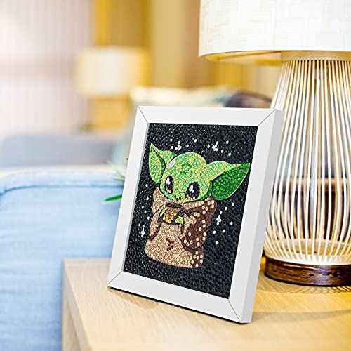 5D Diamond Painting Kit for Kids with Wooden Frame Easy Small Anime Diamond Painting Full Drill Diamond Art Gem Painting for Beginners 7X7 inch (Baby Yoda)