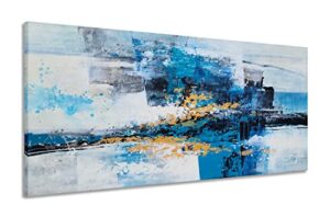 yhsky arts hand crafted abstract canvas wall art - modern blue and gold oil paintings - contemporary large pictures for living room bedroom dinning decor