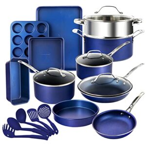 granitestone 20 piece cookware set nonstick pots and pans set bakeware set with ultra nonstick durable mineral & diamond coating 100% pfoa pfas free cookware, metal utensil oven & dishwasher safe-blue