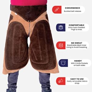 Equine Care Farrier Chaps 4 Knife Pockets & Nail Magnet Cow Hide Suede Leather Horse Shoeing Apron (29 Inch-75 CM)