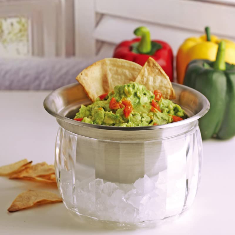 RUAFOX Dip Bowl On Ice- Chip and Dip Serving Set with Lid and Serving Spoon- Stainless Steel Chilled Serving Dish and 22 oz. Acrylic Ice Bowl - Perfect for Shrimp, Guacamole, Dips