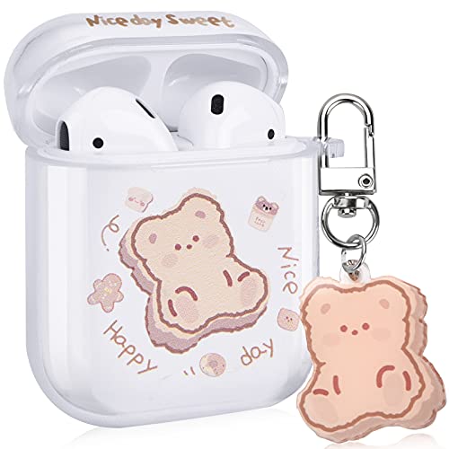 Clear AirPods Case with Bear Keychain Cute Cartoon Bear Design Full Protective Silicone Cover Compatiable with AirPod 2&1 Case for Kids and Womens (Brown)