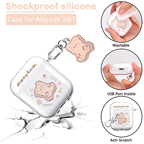 Clear AirPods Case with Bear Keychain Cute Cartoon Bear Design Full Protective Silicone Cover Compatiable with AirPod 2&1 Case for Kids and Womens (Brown)