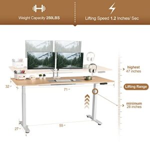 FinerCrafts Standing Desk 71" x 32" Inches Dual-Motor Height Adjustable Desk Electric Sit Stand Desk Home Office Desks Whole Piece Desk Board (Natural Maple Desktop/White Frame)