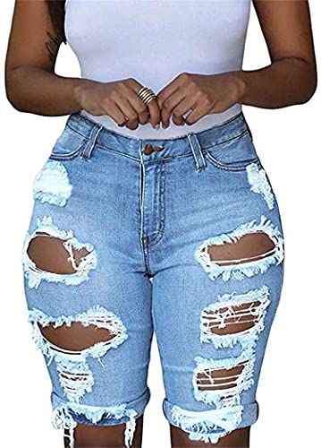 Women's High Waist Denim Short Pants Knee Lenght Short Ripped Jeans Plus Size Destroyed Hole Jean Bermuda Shorts (Light Blue,XX-Large)