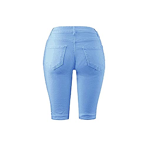 Women's High Waist Denim Short Pants Knee Lenght Short Ripped Jeans Plus Size Destroyed Hole Jean Bermuda Shorts (Light Blue,XX-Large)