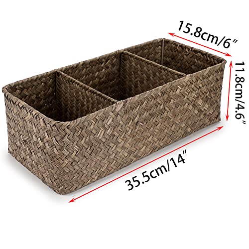 Sumnacon Bathroom Organize Basket, Seagrass Toilet Tank Basket with Section for Tissue Toilet Paper Towel Toiletries, Woven Storage Basket for Kitchen Toilet Tank Vanity Table Shelf Countertop, Coffee