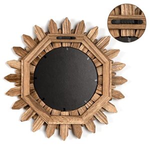 Honiway Wall Mirror Decorative 12 inch Rustic Wood Mirror Sunburst Boho Mirror for Entryway Bedroom Living Room Carbonized Black