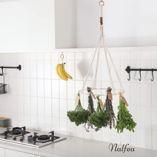 Herb Drying Rack Flower Drying - Boho Kitchen Decor Herb Dryer with Banana Hook - Handcrafted Macrame Mobile Hanging Drying Rack and Banana Hanger - Ready to Use with Ceiling Hook