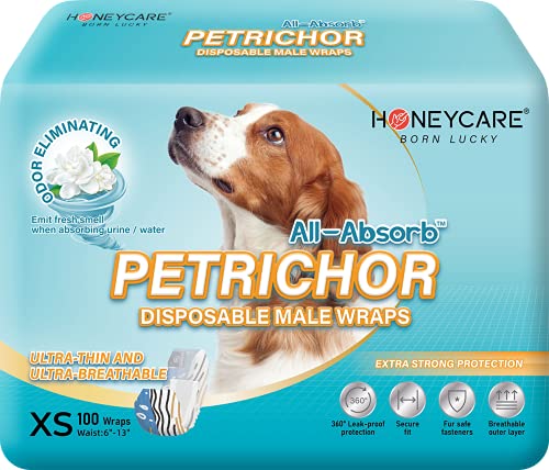 HONEY CARE All Absorb Petrichor Male Dog Wrap, Fresh Smell Disposable Diapers, Extra Small, White, 100 Count