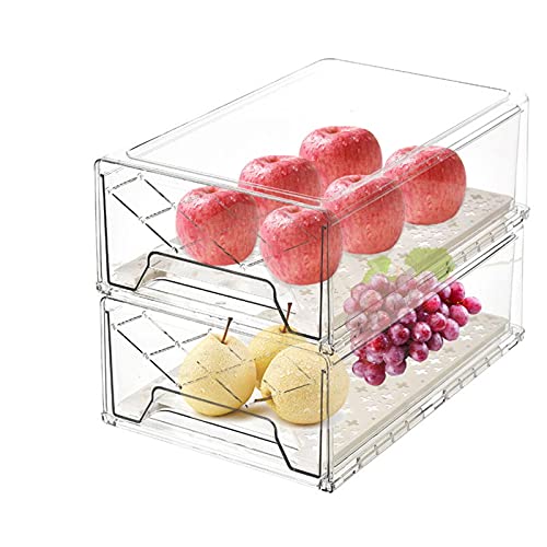 GuoTcusy Fridge Organizer Bins, Pantry Organization and Storage, Plastic Stackable Drawer Container with Removable Drain Tray for Kitchen, Refrigerator and Cabinets (2 PACK, 12.6"L x 8.1"W x 4.3"H)