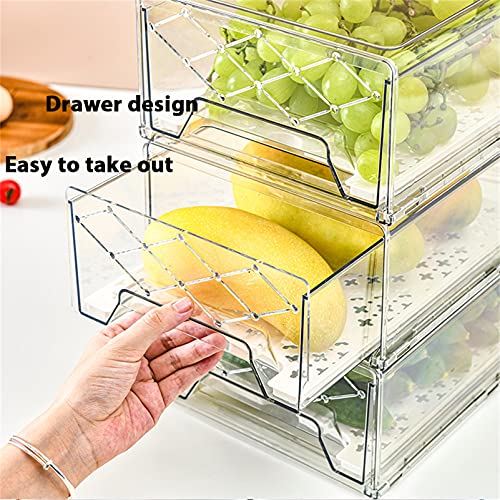 GuoTcusy Fridge Organizer Bins, Pantry Organization and Storage, Plastic Stackable Drawer Container with Removable Drain Tray for Kitchen, Refrigerator and Cabinets (2 PACK, 12.6"L x 8.1"W x 4.3"H)