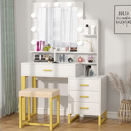 PAKASEPT Vanity Set with Lighted Mirror, Makeup Vanity Dressing Table with LED Light, Drawers, Storage Shelves and Cushioned Stool, Small Vanity Desk for Bedroomy,39.4"L x 15.7"W x 63"H