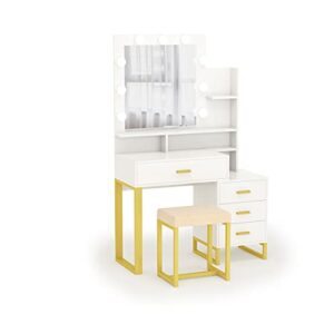 PAKASEPT Vanity Set with Lighted Mirror, Makeup Vanity Dressing Table with LED Light, Drawers, Storage Shelves and Cushioned Stool, Small Vanity Desk for Bedroomy,39.4"L x 15.7"W x 63"H