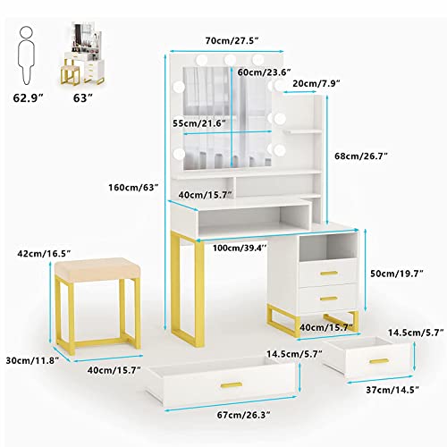 PAKASEPT Vanity Set with Lighted Mirror, Makeup Vanity Dressing Table with LED Light, Drawers, Storage Shelves and Cushioned Stool, Small Vanity Desk for Bedroomy,39.4"L x 15.7"W x 63"H