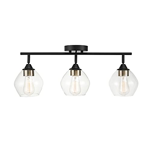 Globe Electric 59619 Harrow 3-Light Track Lighting, Matte Black, Antique Brass Accents, Clear Glass Shades, Bulbs Included