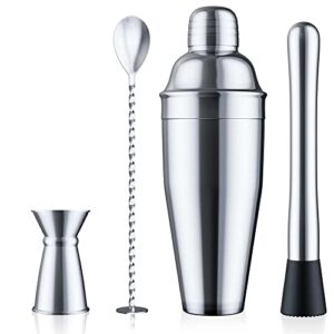 24oz cocktail shaker set - bar tools drink shaker built-in cocktail strainer, muddler, jigger, mixing spoon, recipe book – martini shaker / drink mixer-bar accessories / bartender kit for home bar set