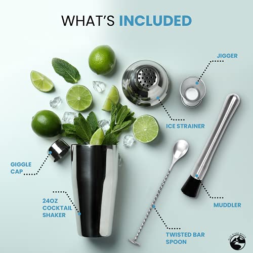 24oz Cocktail Shaker Set - Bar Tools Drink Shaker Built-in Cocktail Strainer, Muddler, Jigger, Mixing Spoon, Recipe Book – Martini Shaker / Drink Mixer-Bar Accessories / Bartender Kit for Home Bar Set