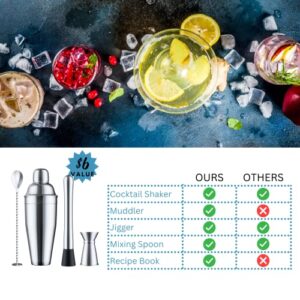 24oz Cocktail Shaker Set - Bar Tools Drink Shaker Built-in Cocktail Strainer, Muddler, Jigger, Mixing Spoon, Recipe Book – Martini Shaker / Drink Mixer-Bar Accessories / Bartender Kit for Home Bar Set