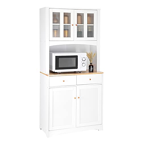 VINGLI Buffet Cabinet with Hutch Kitchen Pantry Storage Cabinet White Sideboard for Kitchen Storage Microwave Cabinet with Storage, 4 Doors, 2 Adjustable Shelves & 2 Drawers