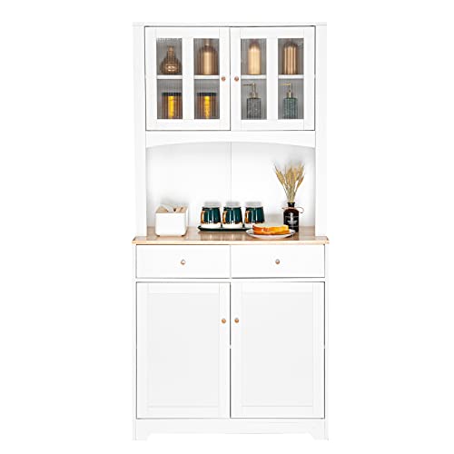 VINGLI Buffet Cabinet with Hutch Kitchen Pantry Storage Cabinet White Sideboard for Kitchen Storage Microwave Cabinet with Storage, 4 Doors, 2 Adjustable Shelves & 2 Drawers