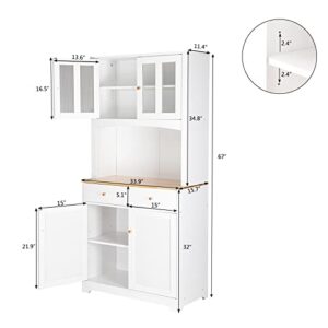 VINGLI Buffet Cabinet with Hutch Kitchen Pantry Storage Cabinet White Sideboard for Kitchen Storage Microwave Cabinet with Storage, 4 Doors, 2 Adjustable Shelves & 2 Drawers