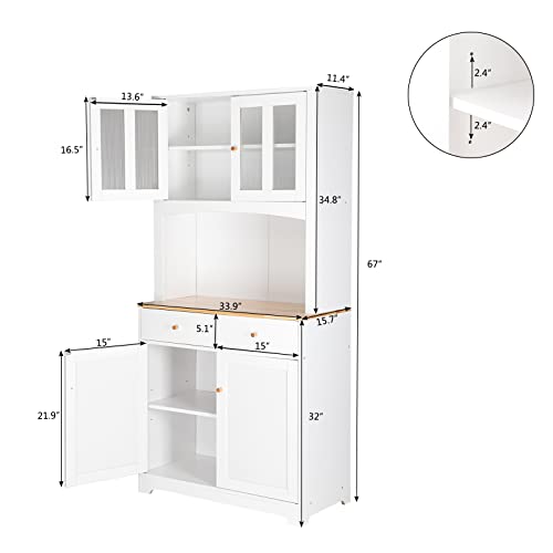 VINGLI Buffet Cabinet with Hutch Kitchen Pantry Storage Cabinet White Sideboard for Kitchen Storage Microwave Cabinet with Storage, 4 Doors, 2 Adjustable Shelves & 2 Drawers