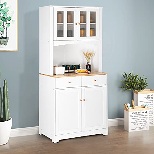 VINGLI Buffet Cabinet with Hutch Kitchen Pantry Storage Cabinet White Sideboard for Kitchen Storage Microwave Cabinet with Storage, 4 Doors, 2 Adjustable Shelves & 2 Drawers