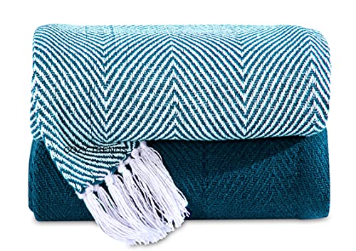 Cozy Home Collection, Luxurious Hand Woven Cozy Warm 100percent Combed Cotton All Season Fade Light Weight Fade Resistant Couch Chair Bed Decorative Throw Blankets Chevron 50Inx60In Set of 2 (Teal)