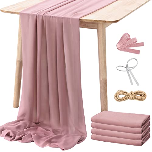 NETANY 4PCS Dusty Rose Chiffon Table Runner 29x120 Inches, Romantic Dusty Pink Sheer Fabric for Wedding Decorations, Baby Shower and Birthday Party Cake Table Decorations