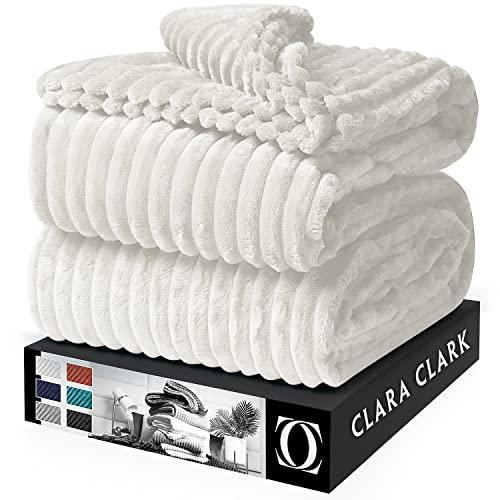 Clara Clark Cut Plush Fleece Throw Blanket - Throw Size - Lightweight Super Soft Fuzzy Luxury Bed Blanket for Bed - Machine Washable - (50x60) (White)