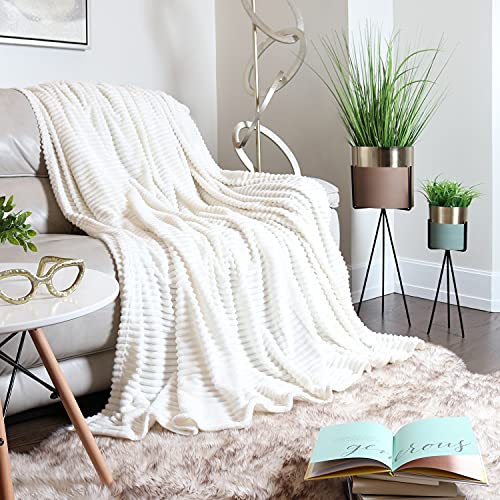 Clara Clark Cut Plush Fleece Throw Blanket - Throw Size - Lightweight Super Soft Fuzzy Luxury Bed Blanket for Bed - Machine Washable - (50x60) (White)