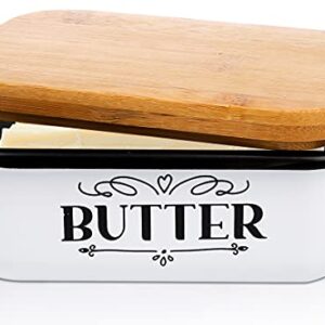 Yesland Butter Dish with Wooden Lid - Unbreakable Enamel Butter Container - Large Vintage Farmhouse Style Butter Keeper for 2 Sticks of Butter East or 1 West Coast Butter(White and Brown)