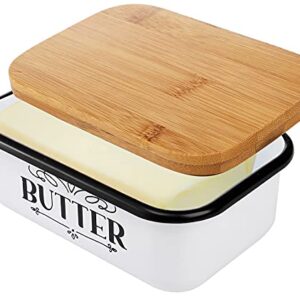 Yesland Butter Dish with Wooden Lid - Unbreakable Enamel Butter Container - Large Vintage Farmhouse Style Butter Keeper for 2 Sticks of Butter East or 1 West Coast Butter(White and Brown)