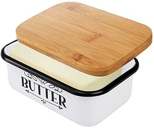 Yesland Butter Dish with Wooden Lid - Unbreakable Enamel Butter Container - Large Vintage Farmhouse Style Butter Keeper for 2 Sticks of Butter East or 1 West Coast Butter(White and Brown)