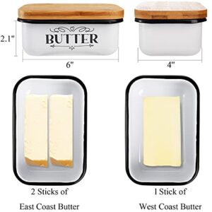 Yesland Butter Dish with Wooden Lid - Unbreakable Enamel Butter Container - Large Vintage Farmhouse Style Butter Keeper for 2 Sticks of Butter East or 1 West Coast Butter(White and Brown)