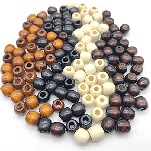 200Pcs Large Hole Barrel Wood European Loose Beads 4 Colors Natural Wooden Dreadlock Hair Braid Beads for Hair Braids Jewelry Bracelet Necklace Making 16x16-17mm