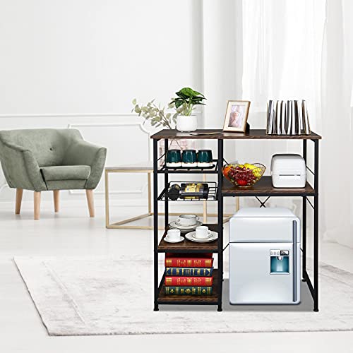 VINGLI Microwave Stand 4-Tiers Kitchen Storage Fit Mini Fridge Baker’s Rack Shelving Utility Coffee Bar with Big Drawer Wine Rack Metal Frame Industrial Workstation Organizer Kitchen Decor