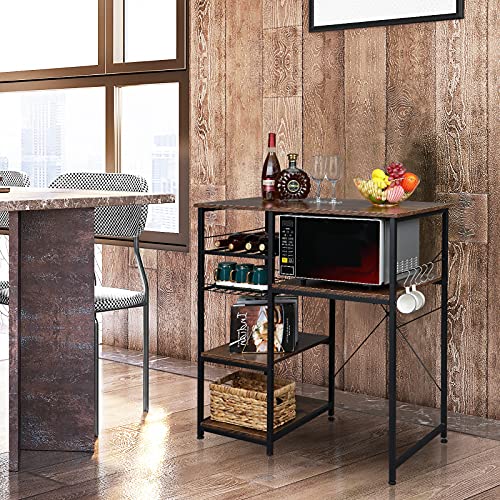 VINGLI Microwave Stand 4-Tiers Kitchen Storage Fit Mini Fridge Baker’s Rack Shelving Utility Coffee Bar with Big Drawer Wine Rack Metal Frame Industrial Workstation Organizer Kitchen Decor