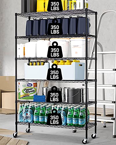 Dkeli Metal Storage Shelves 6 Tier Wire Garage Shelving with Wheels, 2100LBS Weight Capacity Heavy Duty NSF Height Adjustable Steel Shelving Rack for Pantry Kitchen Garage Basement, Black